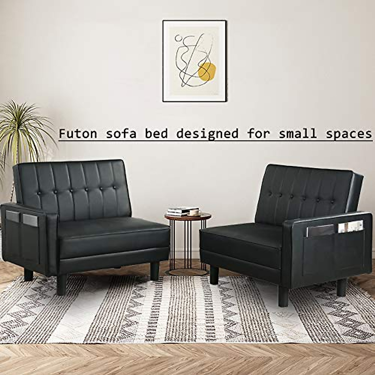 IPKIG 73.2" Futon Sofa Bed, Convertible Sleeper Sofa, Loveseat Couch, Faux Leather Split-Back Sofabed for Small Spaces Room Home Office Hotel with Adjustable Backrest and Side Pockets (Black)