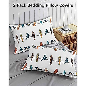 Edwiinsa Orange Teal Plaid Pillow Covers Standard Size Set of 2 20x26 Bed Pillow, Rustic Turquoise Spring Floral Birds Plush Soft Comfort for Hair/Skin Cooling Pillowcases with Envelop Closure