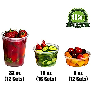 Deli Plastic Food Storage Containers with Airtight Lids [ 12Sets-8oz | 20Sets-16oz | 12Sets-32oz] - Great for Slime, Soup Containers, Portion Control | Microwave | Dishwasher | Freezer Safe | Leakproof | (40 Mix Sets)
