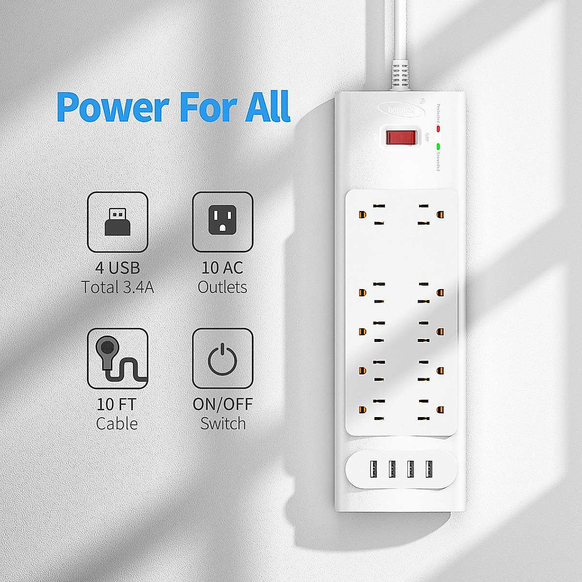 Power Strip, Bototek Surge Protector with 10 AC Outlets and 4 USB Ports,1875W/15A, 2100 Joules, 10 Feet Long Extension Cord for Home, Office, Dorm Essentials, 2100 Joules, ETL Listed- White