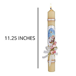 Needzo Catholic Baptism Candle for Girls, Pillar Candles with Ribbon, Faux Flowers, and Image of Infant, Baptismal Gift, 11.25 inches Tall