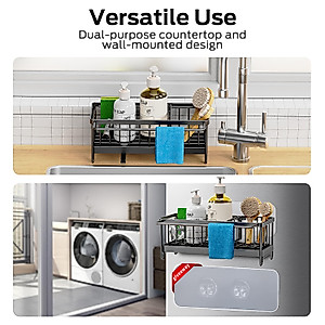 Mythco Kitchen Sink Caddy Organizer, Sponge Holder for Kitchen Sink with Auto Draining Tray, Dish Cloth Hanger, Rustproof 304 Stainless Steel Dish Organizer Divider, Soap Dispenser Storage (Black)