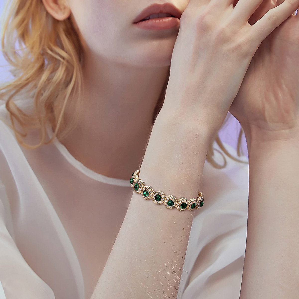 BriLove Women's Wedding Bridal Crystal Rhinestone Beaded Stretch Bangle Bracelet Emerald Color Gold-tone