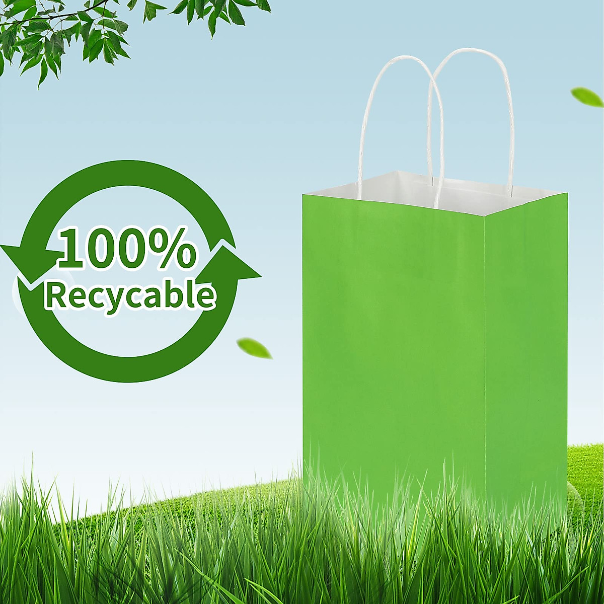 50 Pack 5.25x3.25x8.25 Inch Small Grass Green Kraft Paper Bags with Handles Bulk, Toovip Gift Wrap Bags for Favors Grocery Retail Party Birthday Shopping Business Goody Craft Merchandise Take Out Bags