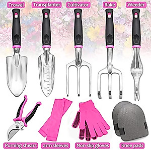 Garden Tool Set，10 Piece Pink Gardening Gifts for Women,with 2 in 1 Detachable Storage Bag, Trowel, Transplanter, Rake, Weeder, Cultivator, Purning Shears and 3 Additional Protection Tools(LANNIU)
