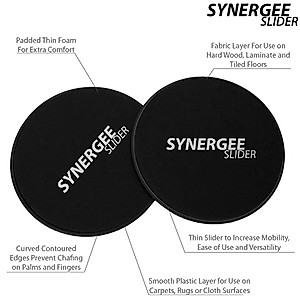 Synergee Jet Black Core Sliders. Dual Sided Use on Carpet or Hardwood Floors. Abdominal Exercise Equipment