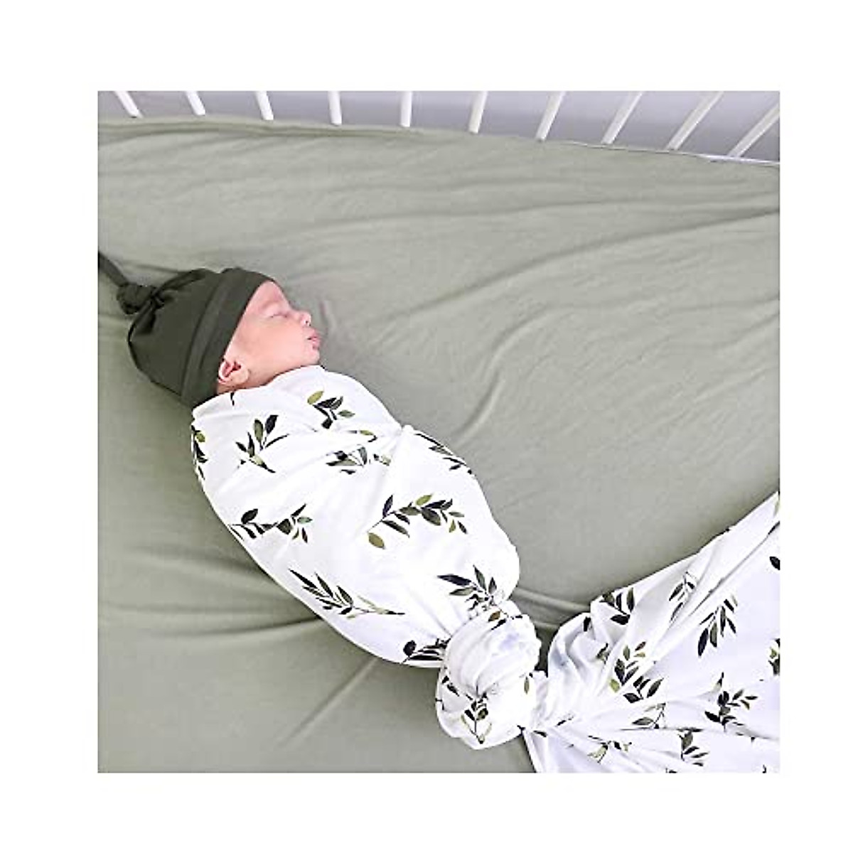 Little Jump stretchy baby Swaddle Blanket and Hat Bow Set, Olive Branches Jersey Cotton Receiving Blanket, newborn hospital outfit for Boys (Green)