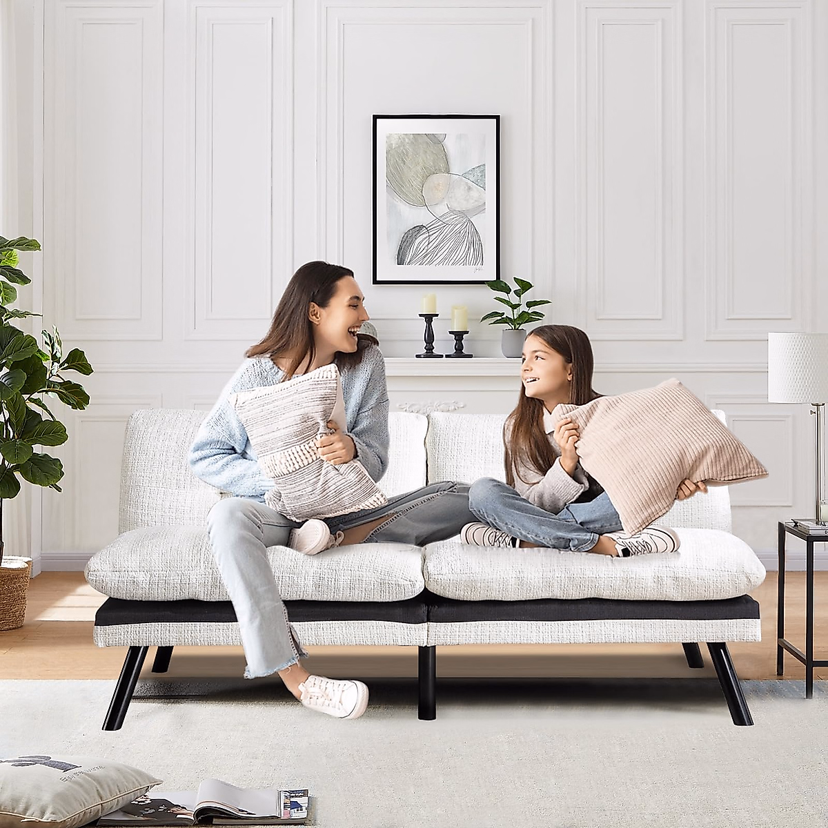 Futon Sofa Bed, Convertible Sleeper Couch Memory Foam Small Splitback Loveseat for Living Room, Upholstered Love Seat with Adjustable Backrest and 6 Metal Legs, Thicker Cushion Version (Creamy White)