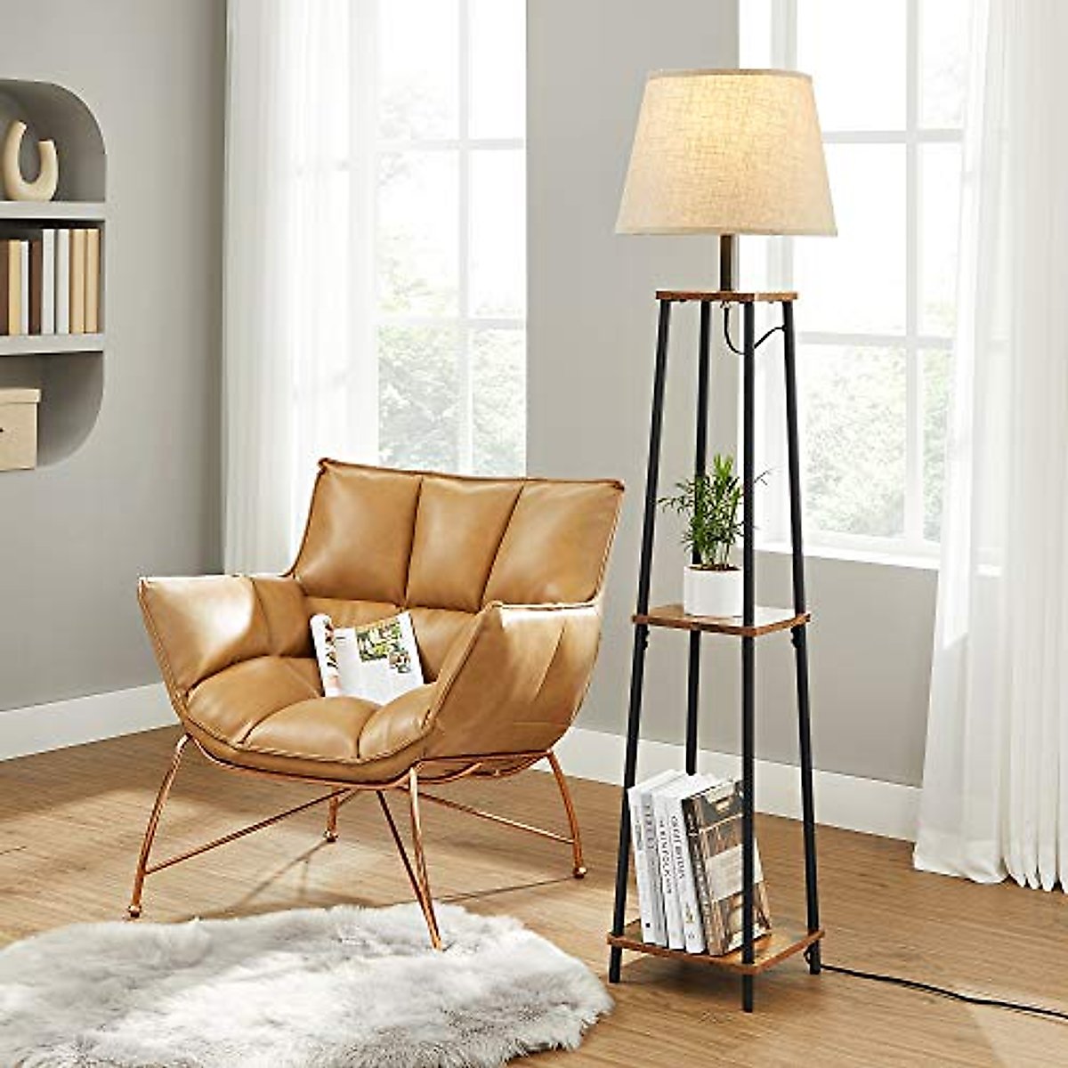 VASAGLE Floor Lamp with Shelves, Standing Reading Lamp with Lamp Shade, for Living Room, Bedroom, Bulb Not Included, Rustic Brown and Black ULFL012B01