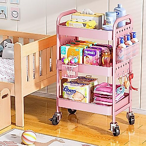 3 Tier Rolling Cart Organizer - Utility Cart on Wheels, Metal Pink Rolling Storage Cart with DIY Dual Pegboards, Removable Baskets Hooks, Teacher Rolling Art Cart for Office, Home, Kitchen, Classroom