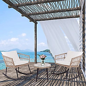 3 Pieces Rocking Chairs Set, Boho Indoor Outdoor All Weather Woven Rope Table Set, Tan Wicker Chat Set with White Cushions, Rattan Sets for Balcony, Garden, Front Porch,Indoor,Living Rooms