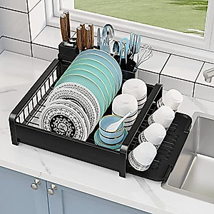 Nieifi Over The Sink Dish Drying Rack One Tier,Multifunctional Rust Proof Dish Rack with Utensil Holder for Kitchen Counter,Drying Rack with Removable Cutlery Box and Water Filter Tray Black