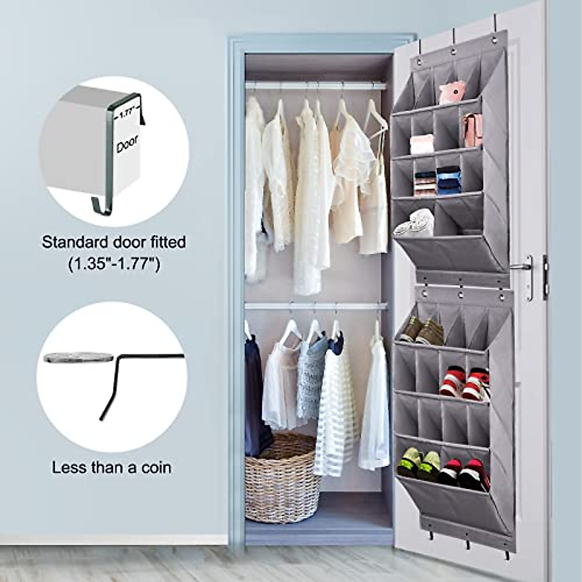 Fentec Over the Door Shoe Organizer, 2 Pack Hanging Shoe Organizer,12 Large Pockets and 2 Larger Storage Various Compartments with 6 Hooks Shoe Storage Rack Organizer for Shoes, Home Accessories, Grey