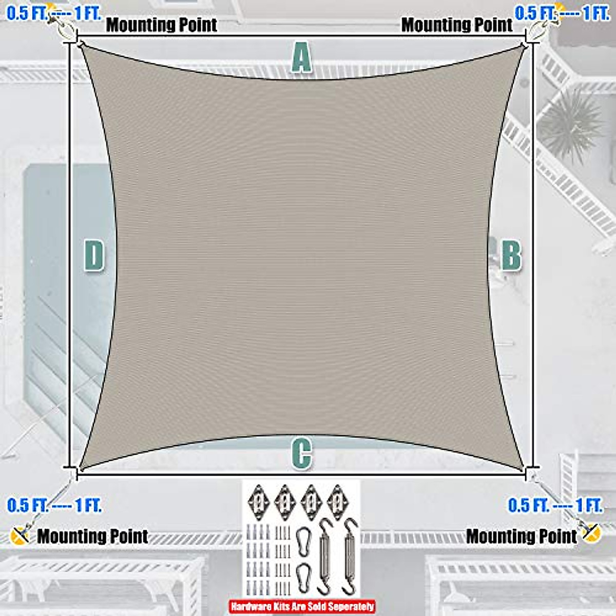 Amgo 12' x 16' Grey Rectangle Sun Shade Sail Canopy Awning, 95% UV Blockage, Water & Air Permeable, Commercial and Residential, for Patio Yard Pergola, 5 Years Warranty (Available for Custom Sizes)