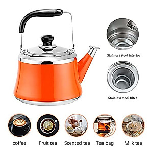 TailVeil Orange Tea Kettle, Tea Kettle Stovetop Teapot 304 Stainless Steel Tea Pots for Stove Top, Anti-Hot Handle,with removable tea basketSuitable for All Heat Source, Orange (2.11 Quart)