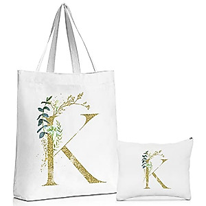 Reginary Initial Letter Tote Wedding Canvas Bag with Zipper Green Botanic Initial Sign Bridesmaid Proposal Gifts Bridal Shower (K)