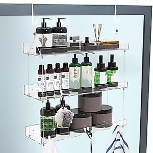 laapee Over the Door Shower Caddy, Hanging Shower Organizer Shelves for Bathroom Door, 3-Tier Acrylic Shower Rack, Rustproof & Waterproof Storage Shelf with 5 Hooks