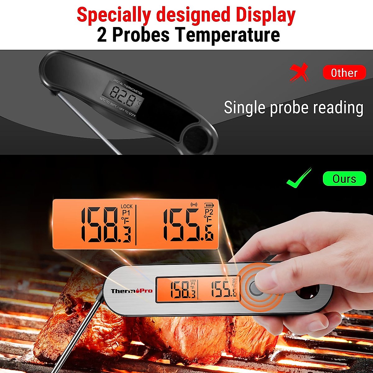 ThermoPro TP829 Wireless Meat Thermometer for Grilling and Smoking with ThermoPro TP610 Programmable Dual Probe Meat Thermometer with Alarm