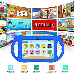 RliyOliy Kids Tablet, 7 inch Android 12 Tablet for Kids, 3GB RAM 32GB ROM Toddler Tablet with Bluetooth, WiFi, GMS, Parental Control, Dual Camera, Educational, Games(Dark Blue)