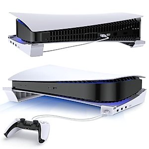 FASTSNAIL Horizontal Stand for PS5 with 4 USB Extension, Cabinet Console Laydown Holder with Charging Data USB Hub, Accessories Stand Compaitble with Playstation 5 Disc & Digital Edition Console