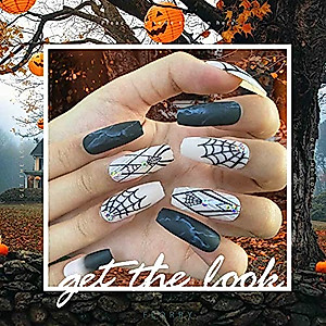 Florry Extra Long Coffin Press on Nails Halloween Fake Nails Black Matte Acrylic Nail for Women and Girls 24Pcs (Spider web)