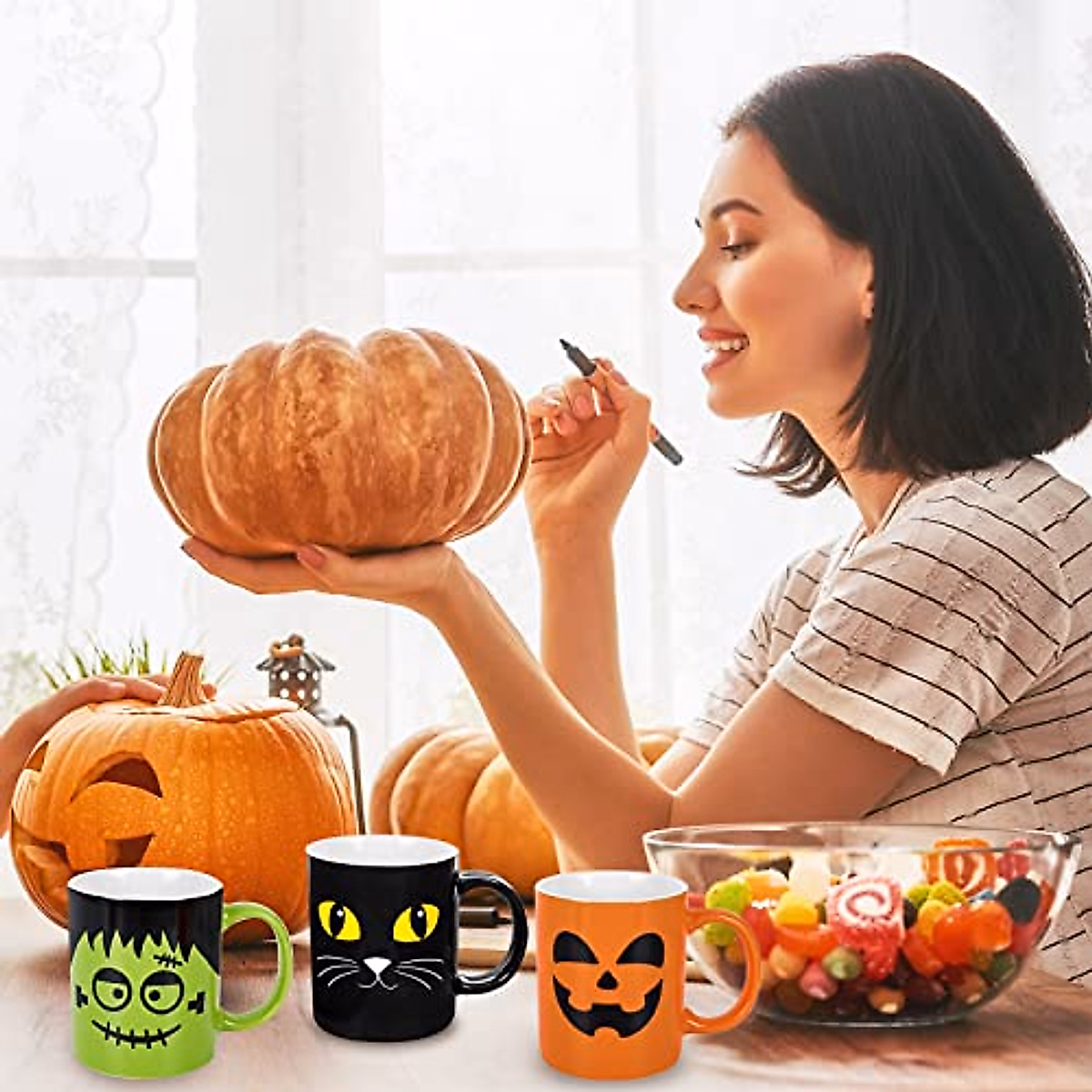 Whaline 4Pcs Halloween Mug Set 12oz Pumpkin Cat Monster Ghost Holiday Coffee Mug Halloween Ceramic Matching Mugs for Home School Office Table Centerpieces Housewarming Gift