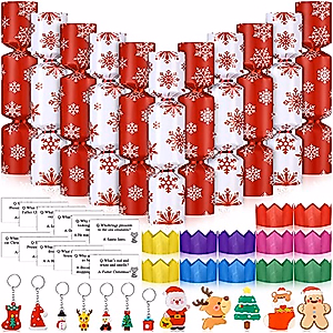 83 Pcs Christmas Party Table Non Snap Holiday Supplies, Include Christmas No Snap Crackers, Tissue Paper Cracker Hats, Christmas Jokes, Keychain and Brooch for Holidays, No Snap Strips (Red, White)