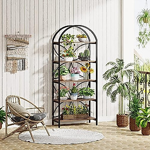 Tribesigns 5-Tier Bookshelf Set of 2, Tall Arched Bookcase Shelf Storage Organizer, Industrial Book Rack with Metal Frame, Standing Display Rack for Bedroom, Living Room, Home Office, Brown