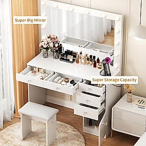 VOWNER Vanity with Lights - 43" Makeup Vanity Desk with Power Outlet, 5 Drawers and 1 Cabinet, 3 Color Lighting Modes with Adjustable Brightness,Makeup Desk with Stool for Women Girls, White