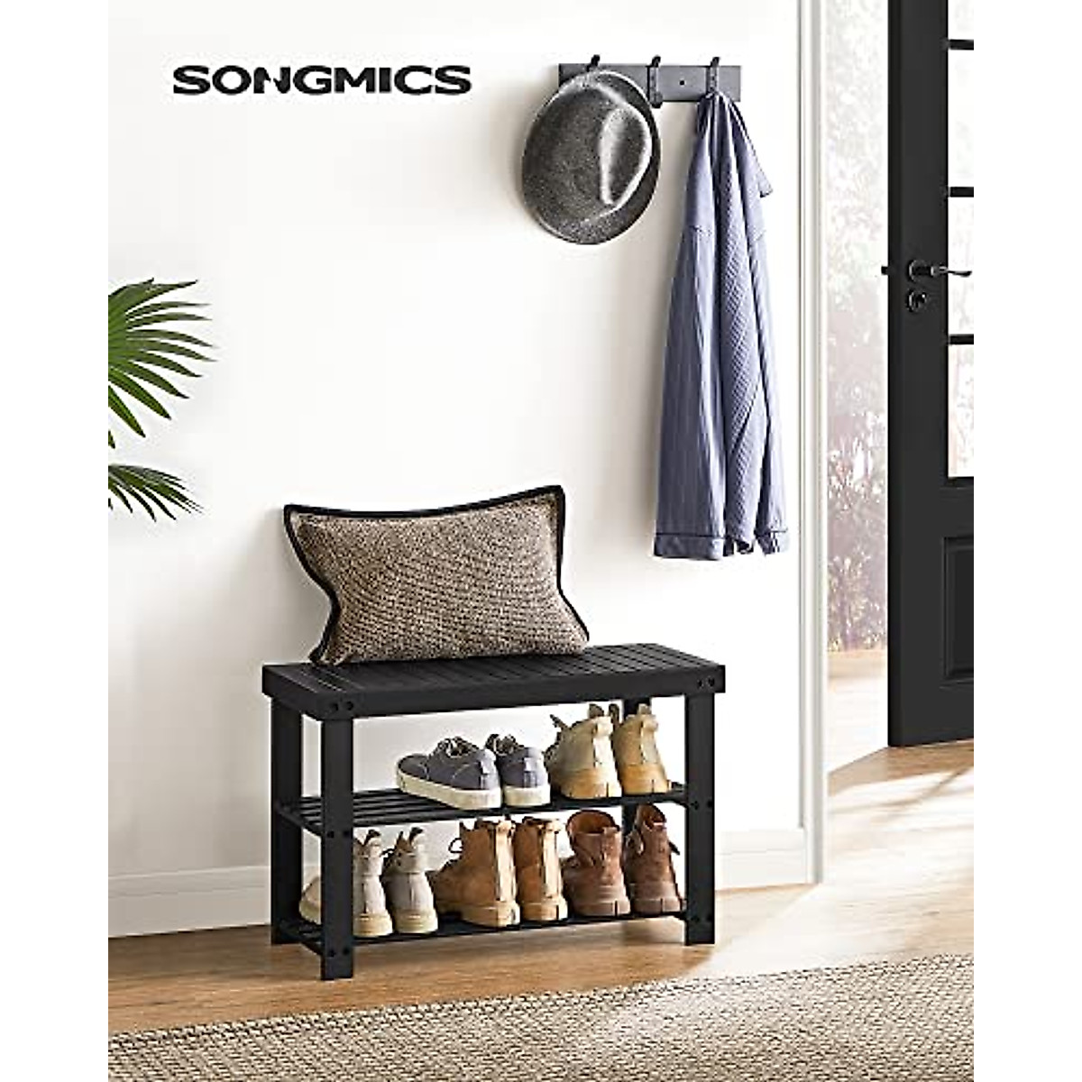 SONGMICS Shoe Rack Bench, 3-Tier Bamboo Shoe Storage Organizer, Entryway Bench, Holds Up to 286 lb, for Entryway Bathroom Bedroom, Black ULBS04H