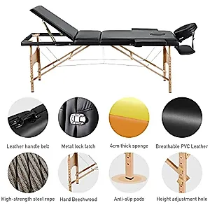 Careboda Professional Massage Table Foldable Massage Bed 3 Fold with 4cm High Density Sponge Robust Beechwood Legs Carrying Bag Full Accessories for Spa Salon Tattoo Beauty