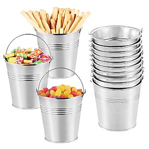 Toyvian Metal Buckets Mini Tinplate Bucket,4 Inch Metallic Pails with Handle for Party Favors, Candy, Votive Candles, Trinkets, Small Plants,12 Pieces