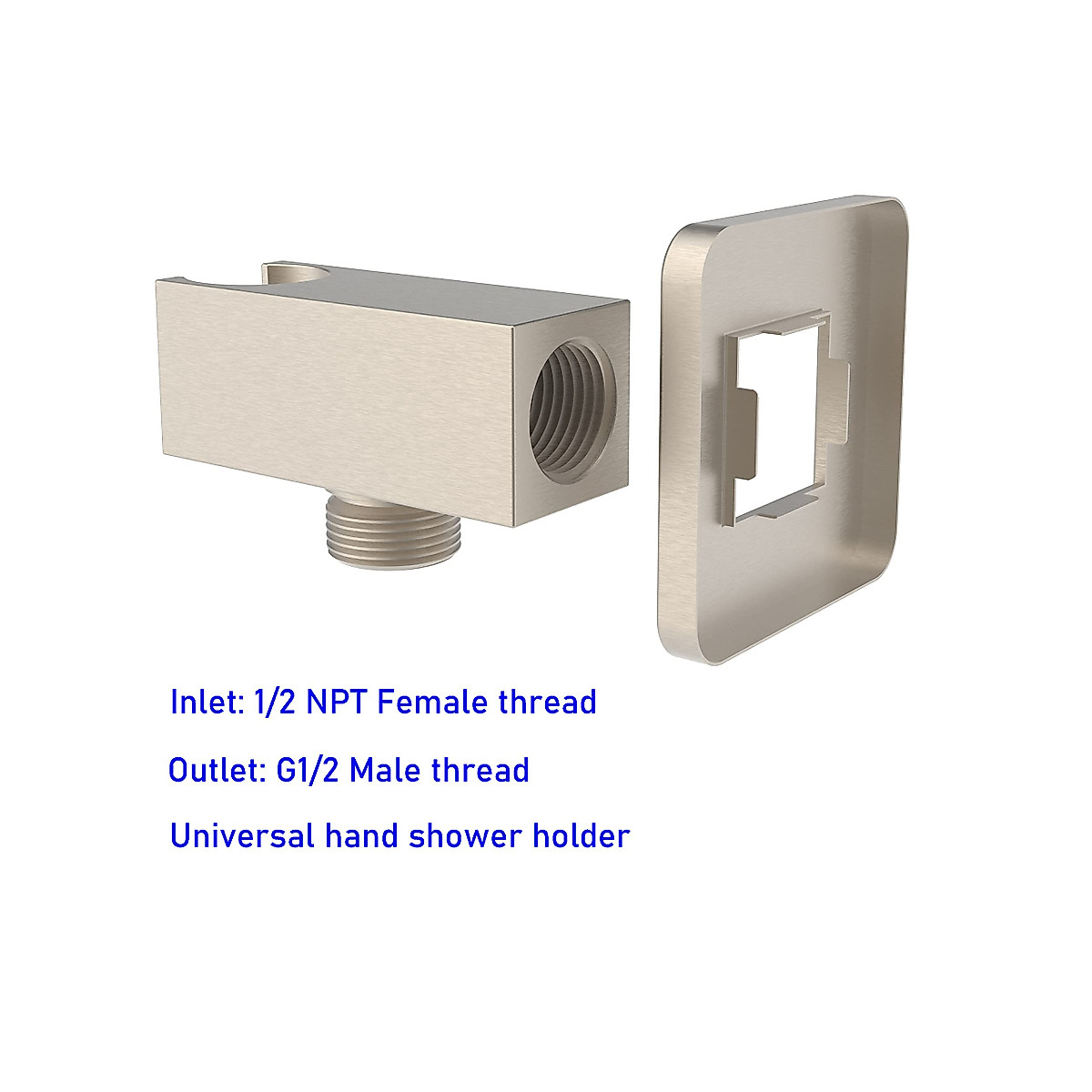 Aquaiaw Wall Supply Elbow with Flange, Tapered 1/2 NPT Female Inlet, Solid Brass Wall Union with Handshower Holder, Square Wall Supply Elbow with Hand Shower bracket, PVD Brushed Nickel, G1/2 Outlet