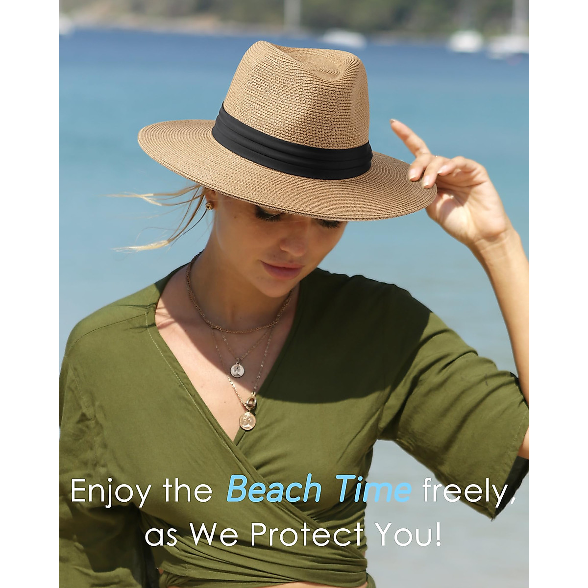 FURTALK Panama Hat Sun Hats for Women Men Wide Brim Fedora Straw Beach Hat UV UPF 50