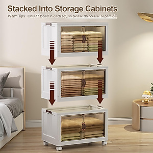 Fangtueh 15.5Gal Plastic Storage Bins with Lids, 3Pack Stackable Closet Organizers and Storage, Collapsible Storage Bins with Magnetic Doors, Folding Storage Box with Wheels for Home College Dorm Room