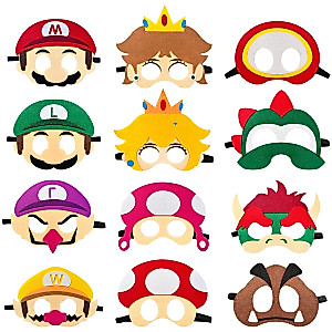 OU RUI 12 Pcs Felt Mask Themed Party Supplies for Mario Birthday Party Gifts Decoration Celebration Party Fan Cartoon Cosplay Pretend Game Accessories Gifts