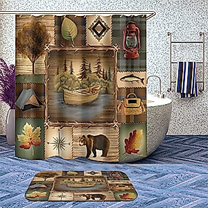 Zmcongz Lodge Bear Moose Shower Curtain Set with Rugs Retro Rustic Farmhouse Cabin Bath Curtain for Bathroom Waterproof Fabric Bathroom Decor Set, 72x72 Inch