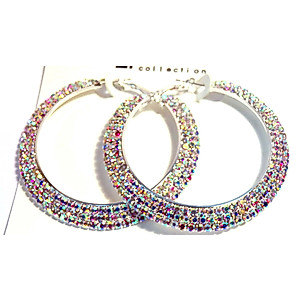 Large Crystal Iridescent Rhinestone Hoop Earrings 2.5 Inch ABS Rhodium Crystal Hoop Earrings