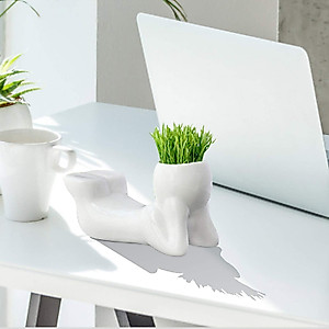 Lincox Mini Bonsai Head Grass Doll Hair White Ceramic Plant Garden, Tree Doll Grass Pot, Ceramic Air Head People Planters Air Plant Holders Table Top Display Planters for Mini Plants Garden Decor (C)