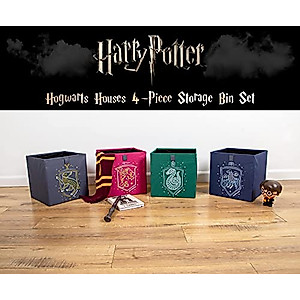 Harry Potter Hogwarts Houses 11-Inch Storage Bin Cube Organizers, Set of 4 | Fabric Basket Container, Cubby Cube Closet Organizer | Wizarding World Gifts And Collectibles