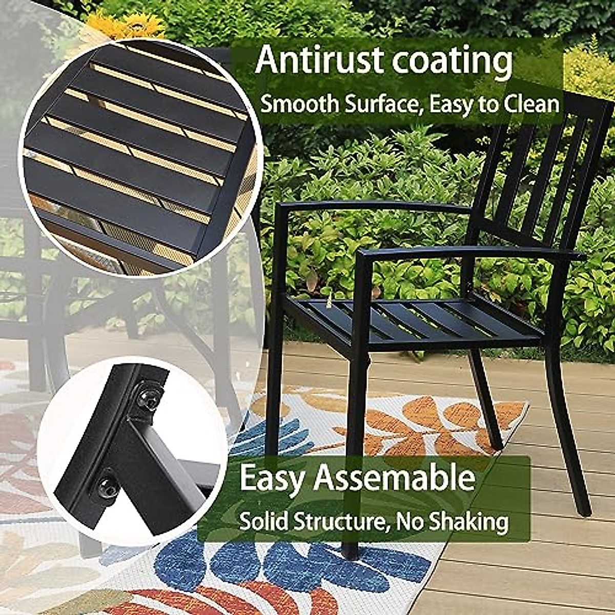 MFSTUDIO 5 Piece Metal Patio Dining Sets Outdoor Club Bistro Bar Sets with 1.57” Umbrella Hole, 4 Garden Backyard Metal Chairs and Larger Square Patio Table, Steel Slat Frame, Black …