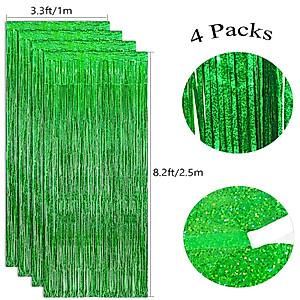 Slmeno 4 Pack Green Foil Fringe Curtain Glitter Backdrop, 12.8x8.2 Feet, Tinsel Curtain Backdrop for Party Decorations, Green Streamer Backdrop Curtain, Christma Hawaiian Birthday Football Backdrop