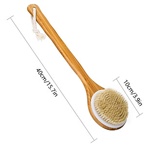 Janrely Bath Dry Body Brush Natural Bristles Back Scrubber With Long Wooden Handle For Cellulite And Exfoliating