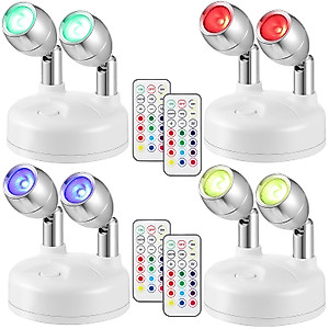Honoson 4 Pack Dual Head Battery Operated Spotlights Indoor Wireless RGB LED Spot Light with Remote 13 Color Accent Lights with Rotatable Head Stick on Wall Hallway, for Painting Picture(White)