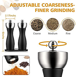 Pepper and Salt Grinder Set, Wooden Pepper Mill with Ceramic Mechanism, Solid and Durable Salt Grinders Suited for Sea Salt, Black Peppercorn (6'', Black Set of 2)