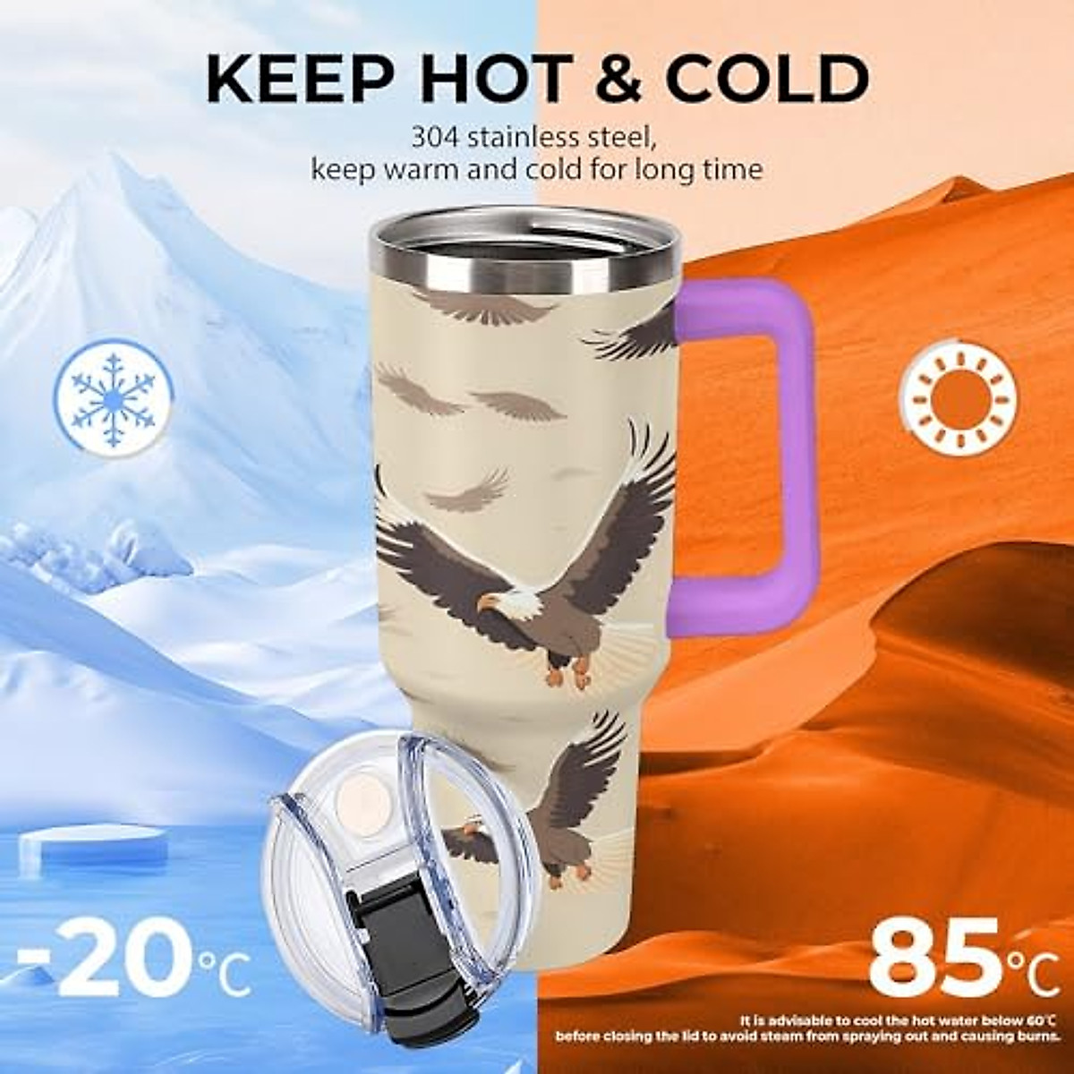 Bald Eagle Pattern 40 Oz Car Cup Stainless Steel Travel Mug Leak-Proof Insulated Tumbler with Handle Violet-style