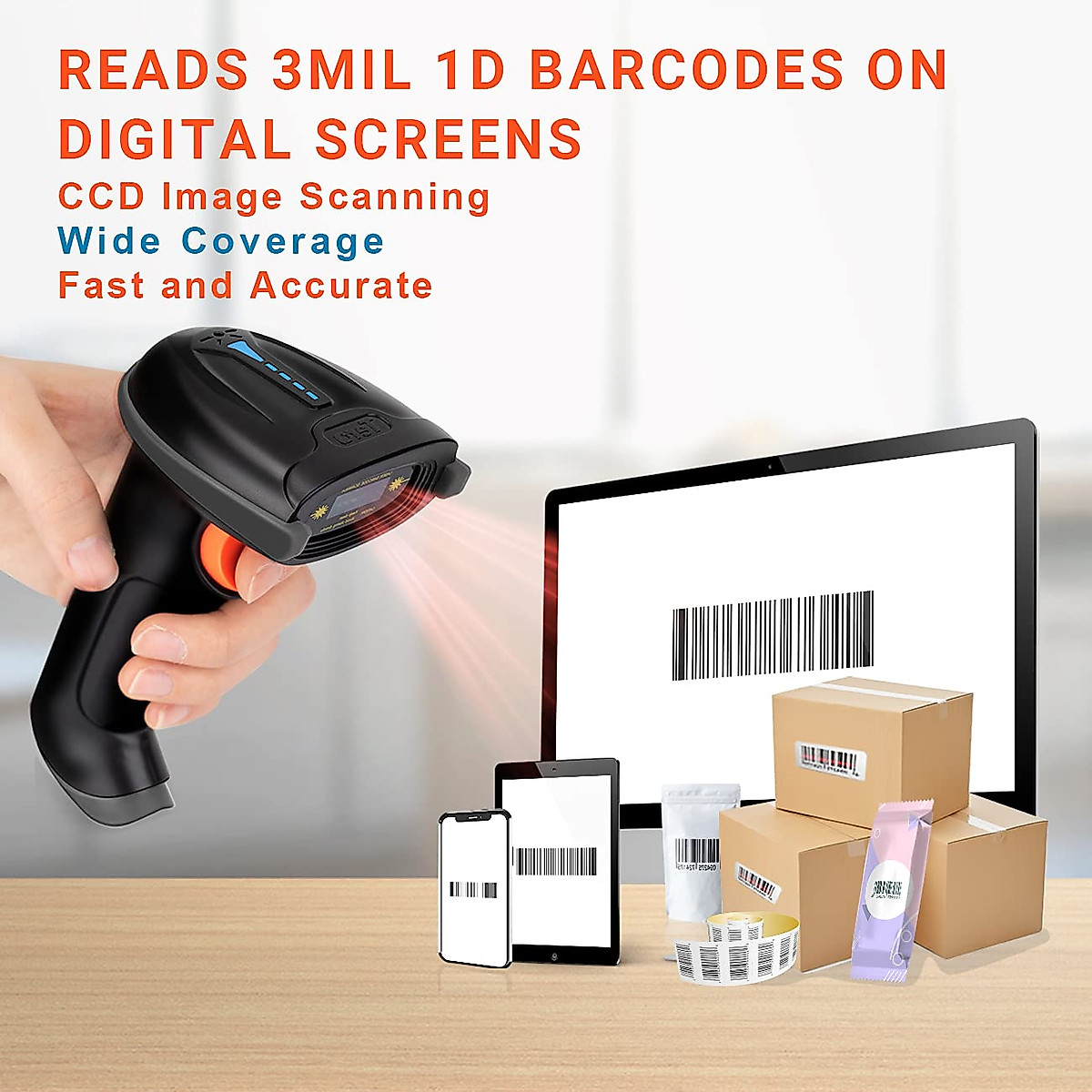 Tera Pro 1D Wireless Barcode Scanner 3 in 1 Bluetooth & 2.4G Wireless & USB Wired CCD Cordless 2500 Pixel Bar Code Reader with Battery Level Indicator for Windows Mac Android iOS Model T5100C,Orange