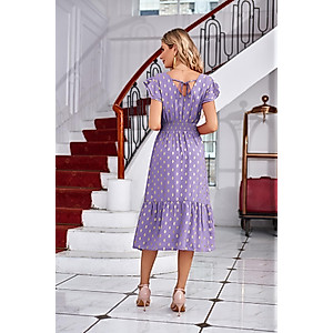 Lavender Dress for Women Gold Dots 2023 Summer Midi Dress V Neck Ruffle Sleeve A-Line Swing Flowy Tiered Cocktail Dresses L