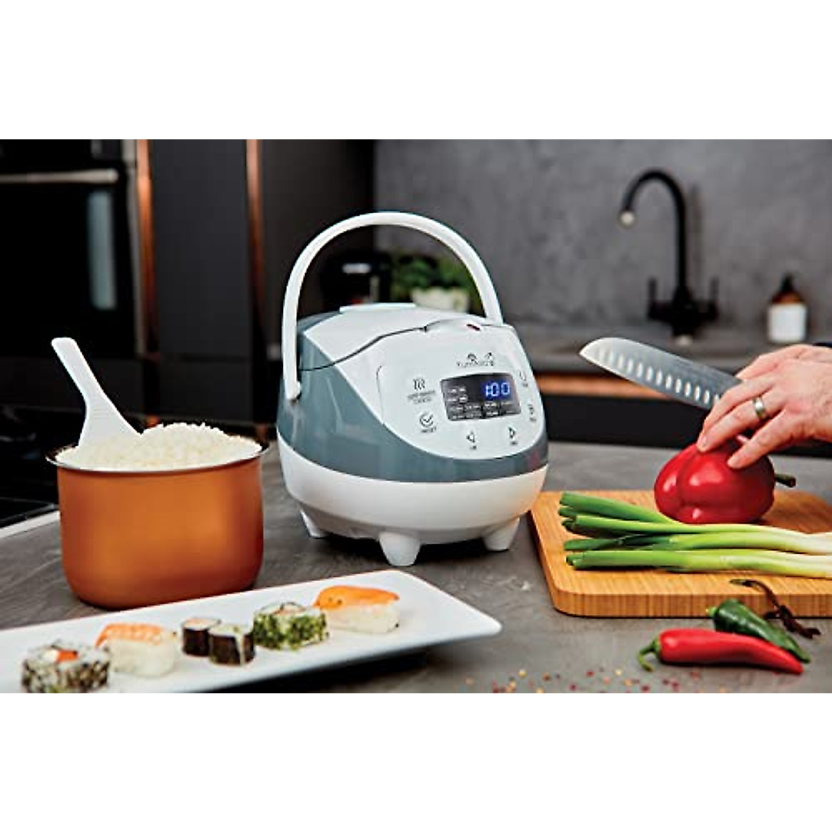 YumAsia Panda Mini Rice Cooker With Ninja Ceramic Bowl and Advanced Fuzzy Logic (3.5 cup, 0.63 litre) 4 Rice Cooking Functions, 4 Multicooker functions, Motouch LED display - 120V (White and Grey)