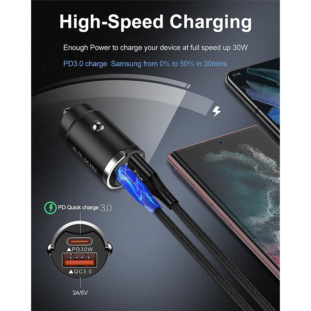 2Pack Fast Car Charger USB C, 30W Mini Cigarette Lighter Adapter, Dual Port PD&QC 3.0 USB C Car Phone Charger Type C Car Plug Fast Charging for iPhone 15 14Pro 13 12, Pixel 8 7 Pro 7a 6 5 4XL, Samsung